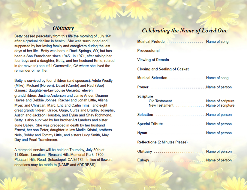 Yellow Daisies Funeral Program Template – Funeral Program-Site Funeral ...