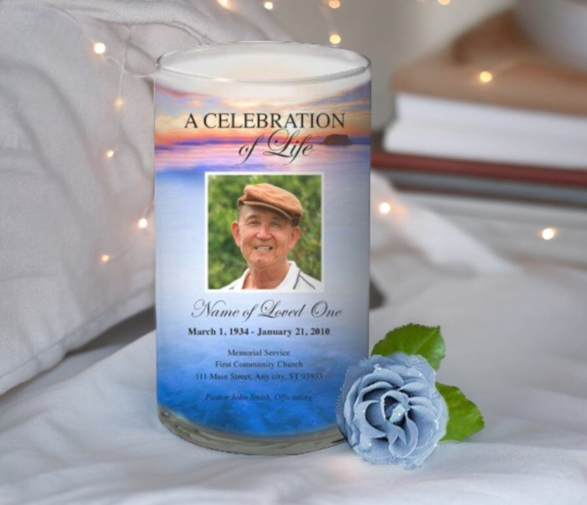 Sunset Dusk Personalized Glass Memorial Candle - The Funeral Program ...